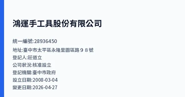 鴻運手工具股份有限公司的照片-統編 28936450(臺中市) 公司登記資料與營業項目詳細圖表