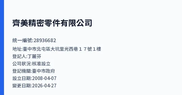 齊美精密零件有限公司的照片-統編 28936682(臺中市) 公司登記資料與營業項目詳細圖表