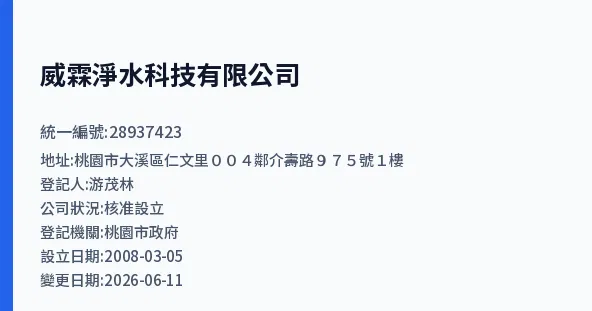 威霖淨水科技有限公司的照片-統編 28937423(桃園市) 公司登記資料與營業項目詳細圖表