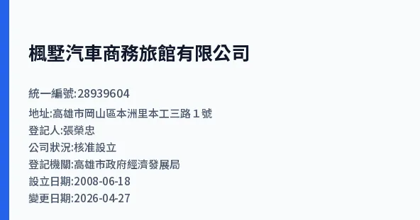 楓墅汽車商務旅館有限公司的照片-統編 28939604(高雄市) 公司登記資料與營業項目詳細圖表