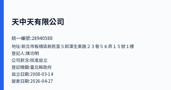 天中天有限公司的照片-統編 28940588(新北市) 公司登記資料與營業項目詳細圖表