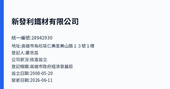 新發利鐵材有限公司的照片-統編 28942930(高雄市) 公司登記資料與營業項目詳細圖表