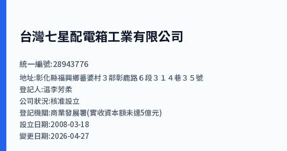 台灣七星配電箱工業有限公司的照片-統編 28943776(彰化縣) 公司登記資料與營業項目詳細圖表