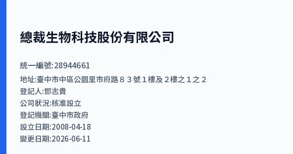 總裁生物科技股份有限公司的照片-統編 28944661(臺中市) 公司登記資料與營業項目詳細圖表