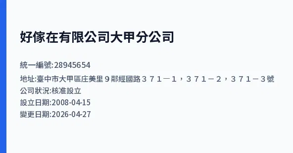 好傢在有限公司大甲分公司的照片-統編 28945654(臺中市) 公司登記資料與營業項目詳細圖表