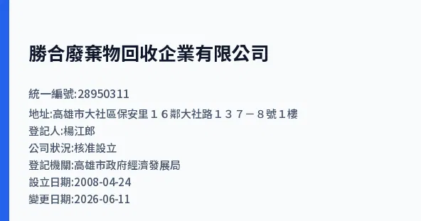 勝合廢棄物回收企業有限公司的照片-統編 28950311(高雄市) 公司登記資料與營業項目詳細圖表
