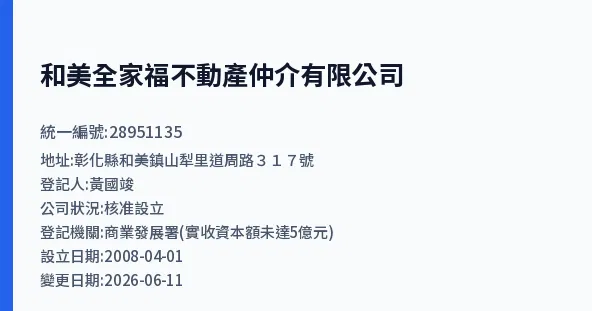 和美全家福不動產仲介有限公司的照片-統編 28951135(彰化縣) 公司登記資料與營業項目詳細圖表