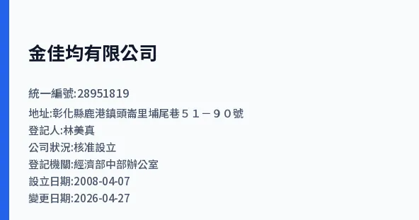 金佳均有限公司的照片-統編 28951819(彰化縣) 公司登記資料與營業項目詳細圖表