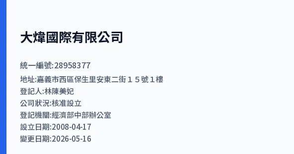 大煒國際有限公司的照片-統編 28958377(嘉義市) 公司登記資料與營業項目詳細圖表
