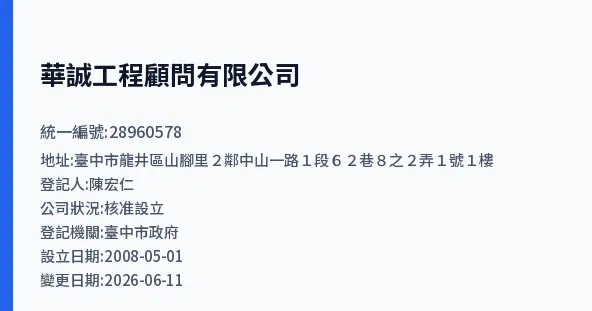 華誠工程顧問有限公司的照片-統編 28960578(臺中市) 公司登記資料與營業項目詳細圖表