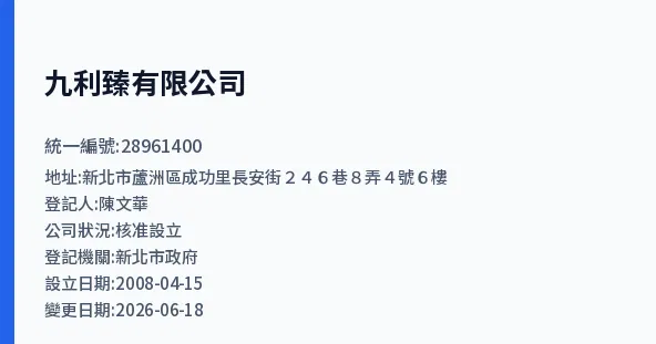 九利臻有限公司的照片-統編 28961400(新北市) 公司登記資料與營業項目詳細圖表
