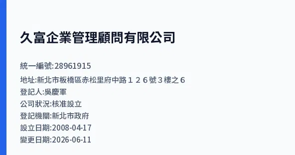 久富企業管理顧問有限公司的照片-統編 28961915(新北市) 公司登記資料與營業項目詳細圖表
