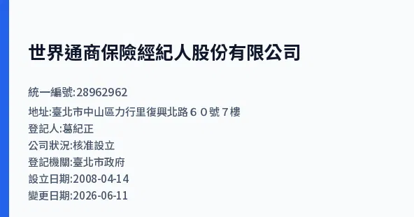 世界通商保險經紀人股份有限公司的照片-統編 28962962(臺北市) 公司登記資料與營業項目詳細圖表