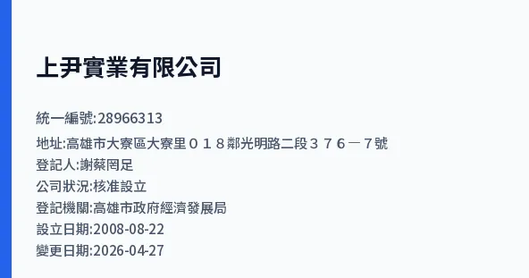 上尹實業有限公司的照片-統編 28966313(高雄市) 公司登記資料與營業項目詳細圖表