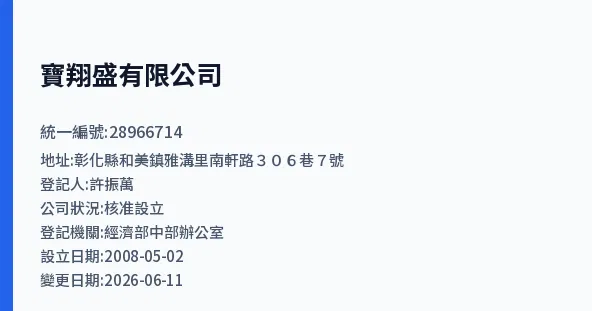 寶翔盛有限公司的照片-統編 28966714(彰化縣) 公司登記資料與營業項目詳細圖表