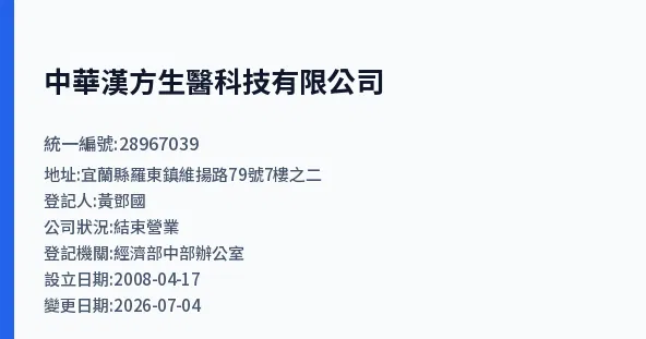 中華漢方生醫科技有限公司的照片-統編 28967039(宜蘭縣) 公司登記資料與營業項目詳細圖表