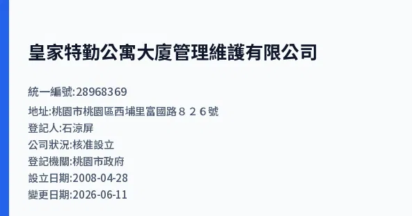 皇家特勤公寓大廈管理維護有限公司的照片-統編 28968369(桃園市) 公司登記資料與營業項目詳細圖表