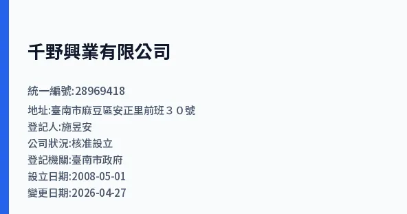 千野興業有限公司的照片-統編 28969418(臺南市) 公司登記資料與營業項目詳細圖表