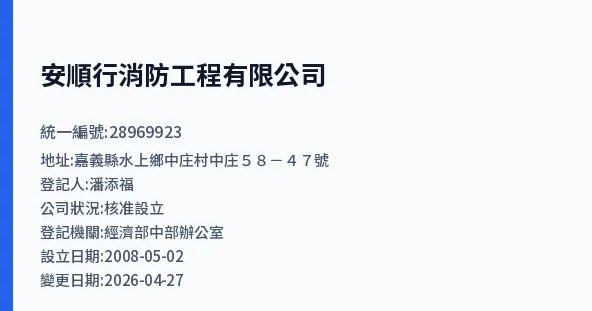 安順行消防工程有限公司的照片-統編 28969923(嘉義縣) 公司登記資料與營業項目詳細圖表