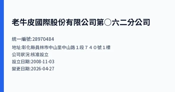 老牛皮國際股份有限公司第○六二分公司的照片-統編 28970484(彰化縣) 公司登記資料與營業項目詳細圖表