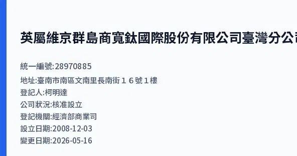 英屬維京群島商寬鈦國際股份有限公司臺灣分公司的照片-統編 28970885(臺南市) 公司登記資料與營業項目詳細圖表