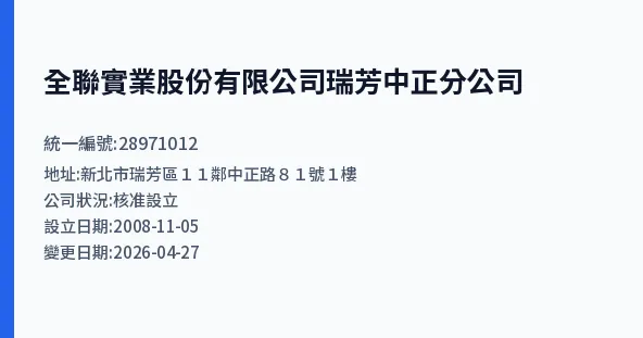 全聯實業股份有限公司瑞芳中正分公司的照片-統編 28971012(新北市) 公司登記資料與營業項目詳細圖表