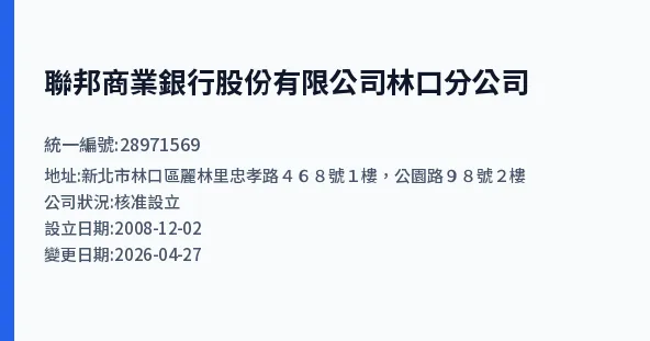 聯邦商業銀行股份有限公司林口分公司的照片-統編 28971569(新北市) 公司登記資料與營業項目詳細圖表