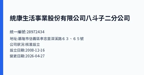 統康生活事業股份有限公司八斗子二分公司的照片-統編 28972434(基隆市) 公司登記資料與營業項目詳細圖表