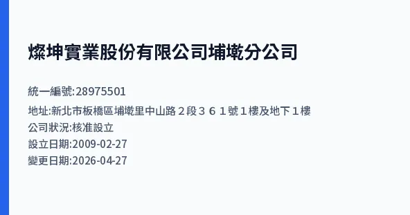 燦坤實業股份有限公司埔墘分公司的照片-統編 28975501(新北市) 公司登記資料與營業項目詳細圖表