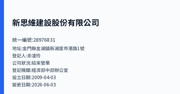 新思維建設股份有限公司的照片-統編 28976831(金門縣) 公司登記資料與營業項目詳細圖表