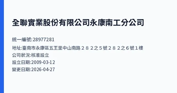 全聯實業股份有限公司永康南工分公司的照片-統編 28977281(臺南市) 公司登記資料與營業項目詳細圖表