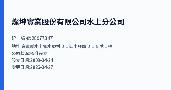 燦坤實業股份有限公司水上分公司的照片-統編 28977347(嘉義縣) 公司登記資料與營業項目詳細圖表