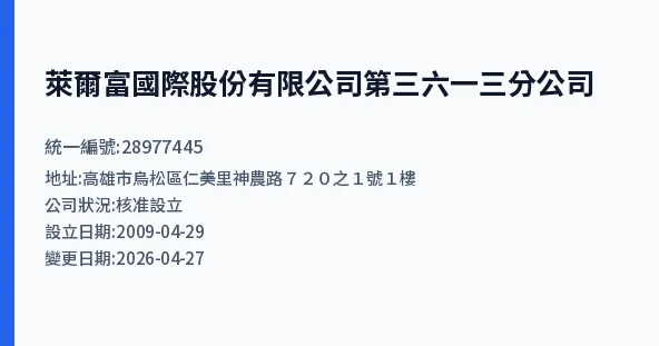 萊爾富國際股份有限公司第三六一三分公司的照片-統編 28977445(高雄市) 公司登記資料與營業項目詳細圖表