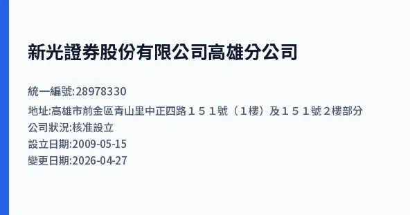 新光證券股份有限公司高雄分公司的照片-統編 28978330(高雄市) 公司登記資料與營業項目詳細圖表