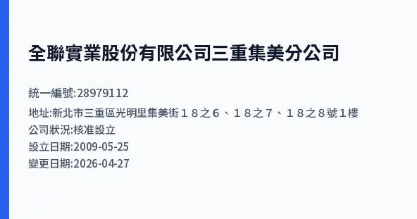 全聯實業股份有限公司三重集美分公司的照片-統編 28979112(新北市) 公司登記資料與營業項目詳細圖表