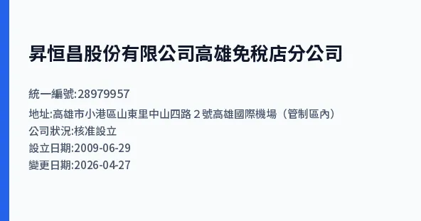 昇恒昌股份有限公司高雄免稅店分公司的照片-統編 28979957(高雄市) 公司登記資料與營業項目詳細圖表