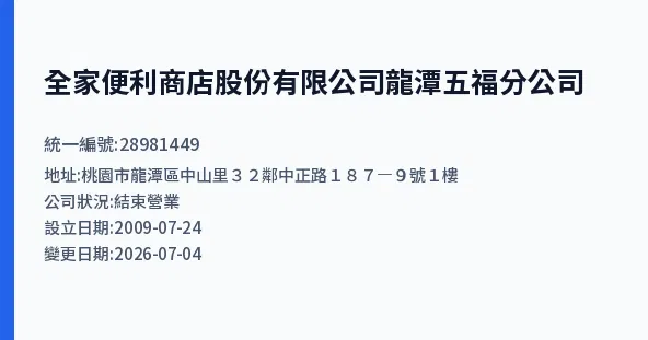 全家便利商店股份有限公司龍潭五福分公司的照片-統編 28981449(桃園市) 公司登記資料與營業項目詳細圖表