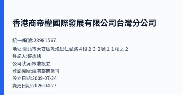 香港商帝權國際發展有限公司台灣分公司的照片-統編 28981567(臺北市) 公司登記資料與營業項目詳細圖表