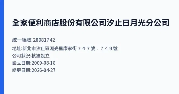 全家便利商店股份有限公司汐止日月光分公司的照片-統編 28981742(新北市) 公司登記資料與營業項目詳細圖表