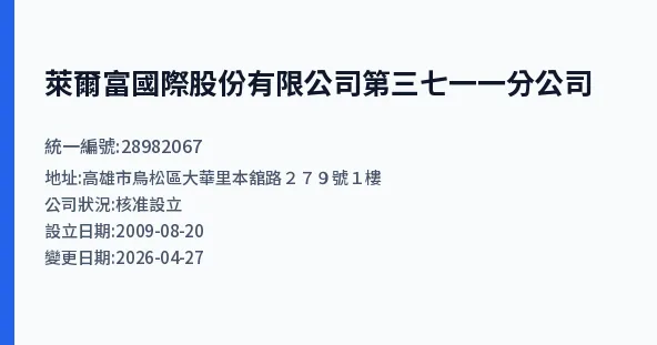 萊爾富國際股份有限公司第三七一一分公司的照片-統編 28982067(高雄市) 公司登記資料與營業項目詳細圖表