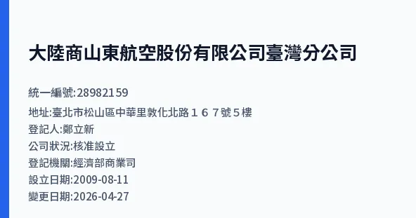 大陸商山東航空股份有限公司臺灣分公司的照片-統編 28982159(臺北市) 公司登記資料與營業項目詳細圖表