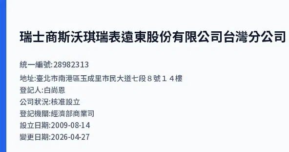 瑞士商斯沃琪瑞表遠東股份有限公司台灣分公司的照片-統編 28982313(臺北市) 公司登記資料與營業項目詳細圖表