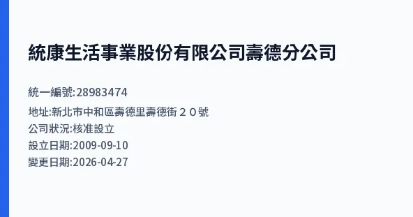 統康生活事業股份有限公司壽德分公司的照片-統編 28983474(新北市) 公司登記資料與營業項目詳細圖表