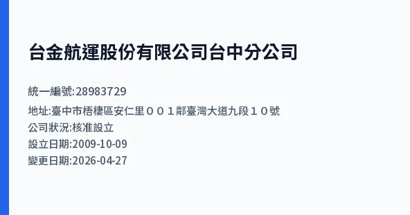 台金航運股份有限公司台中分公司的照片-統編 28983729(臺中市) 公司登記資料與營業項目詳細圖表