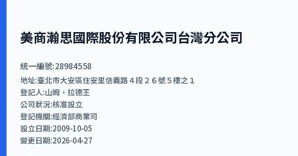美商瀚思國際股份有限公司台灣分公司的照片-統編 28984558(臺北市) 公司登記資料與營業項目詳細圖表