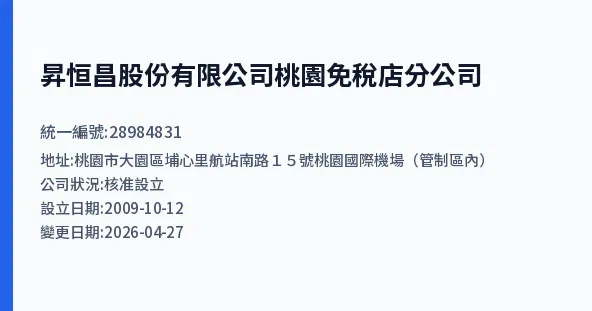 昇恒昌股份有限公司桃園免稅店分公司的照片-統編 28984831(桃園市) 公司登記資料與營業項目詳細圖表