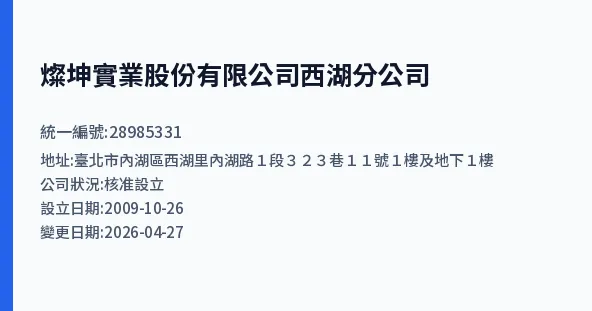 燦坤實業股份有限公司西湖分公司的照片-統編 28985331(臺北市) 公司登記資料與營業項目詳細圖表