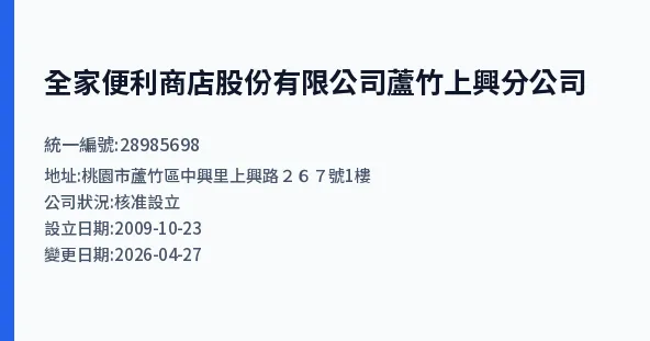 全家便利商店股份有限公司蘆竹上興分公司的照片-統編 28985698(桃園市) 公司登記資料與營業項目詳細圖表