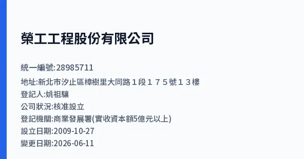 榮工工程股份有限公司的照片-統編 28985711(新北市) 公司登記資料與營業項目詳細圖表