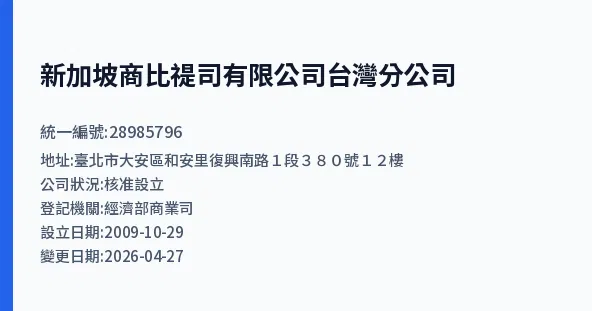 新加坡商比禔司有限公司台灣分公司的照片-統編 28985796(臺北市) 公司登記資料與營業項目詳細圖表